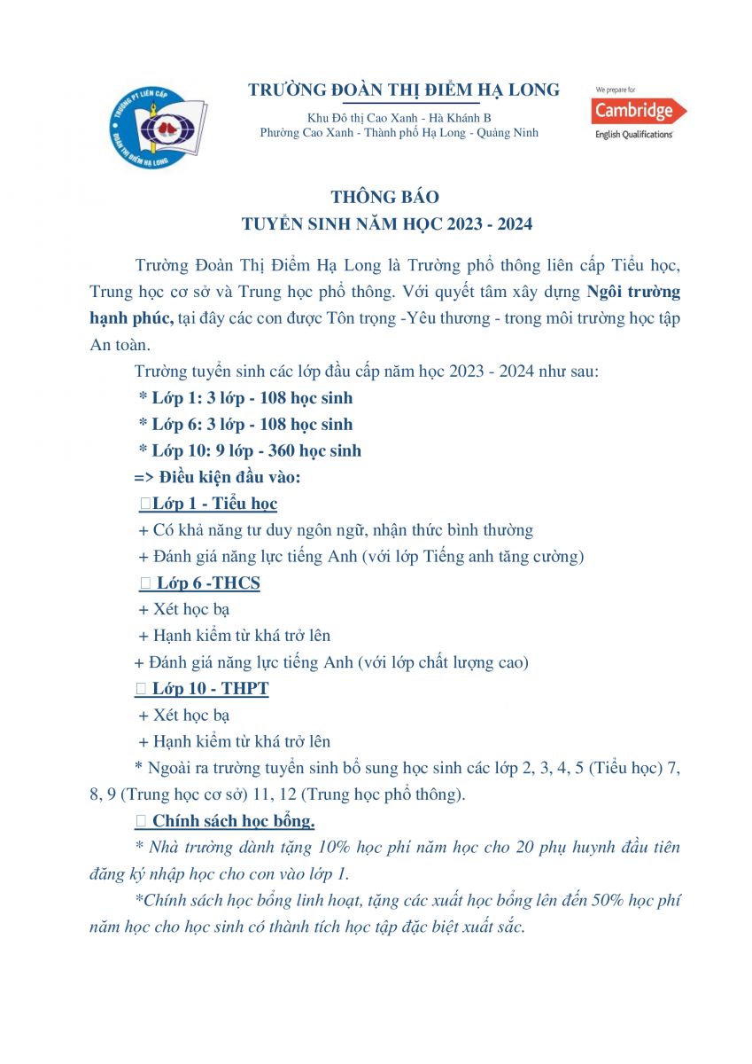 Chào mừng đến với Trường Đoàn Thị Điểm Hạ Long vào năm học 2023 - 2024